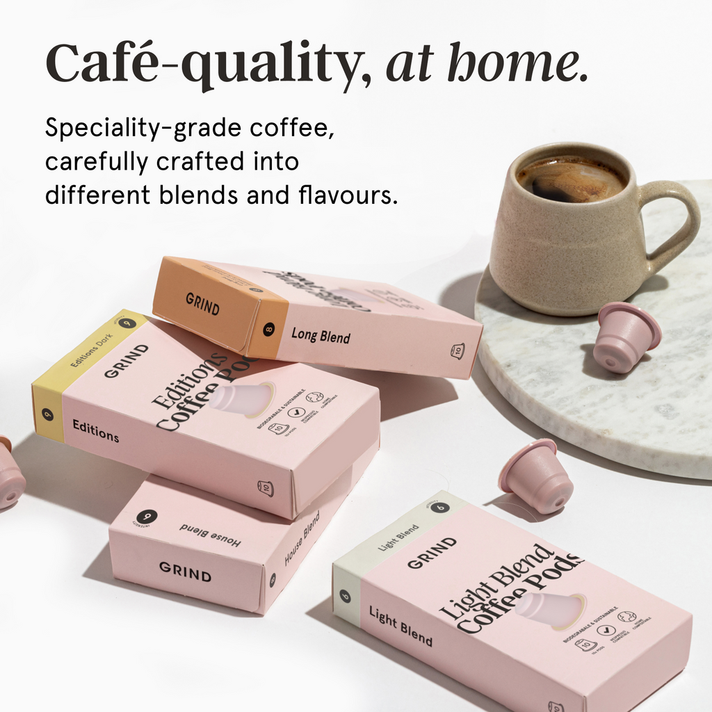 Black Tin & Coffee Pods | Compostable Coffee Pods | Grind