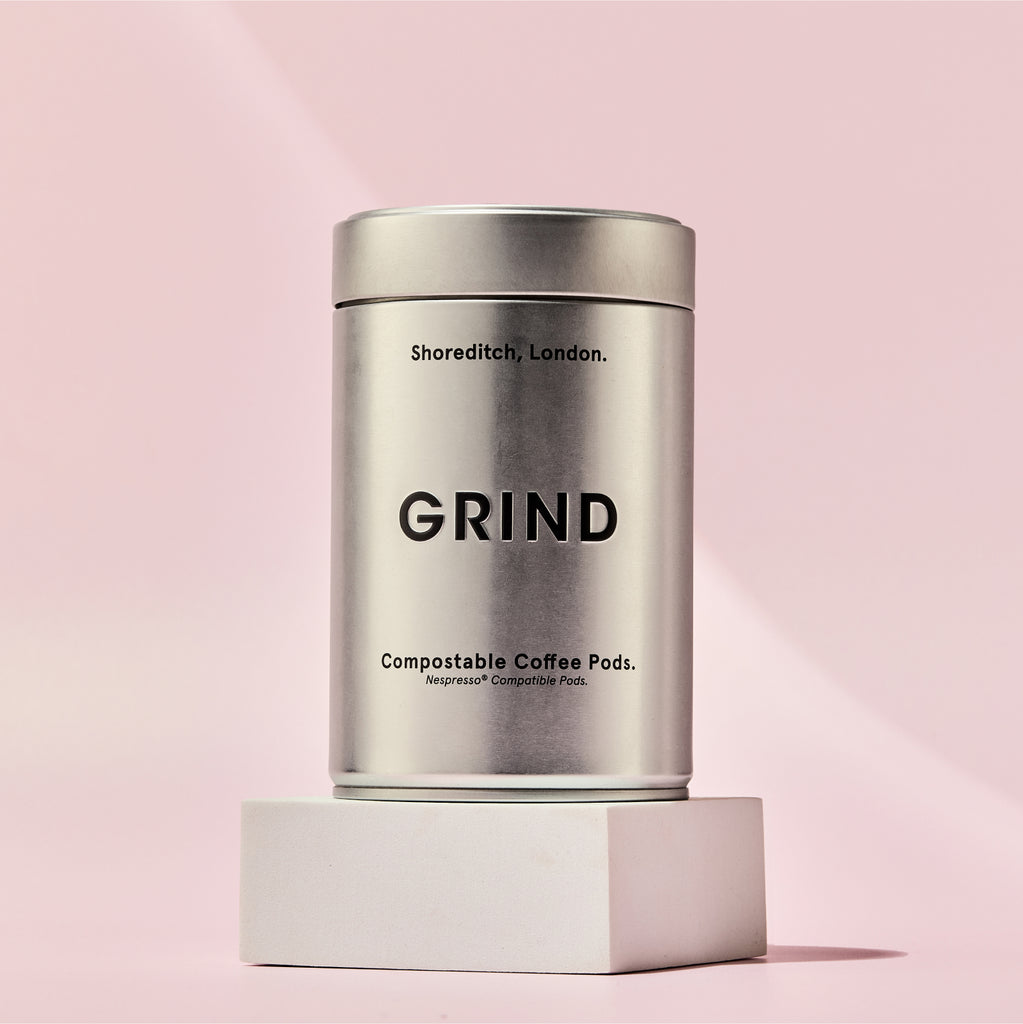 Grind Silver Coffee Tin | Home-Compostable Coffee Pods | Grind
