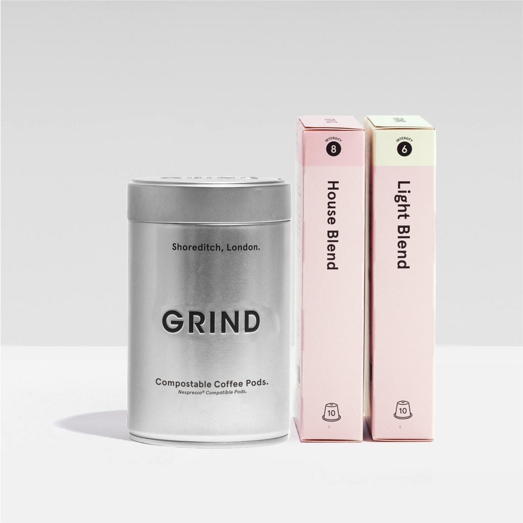 Grind Silver Coffee Tin | Home-Compostable Coffee Pods | Grind
